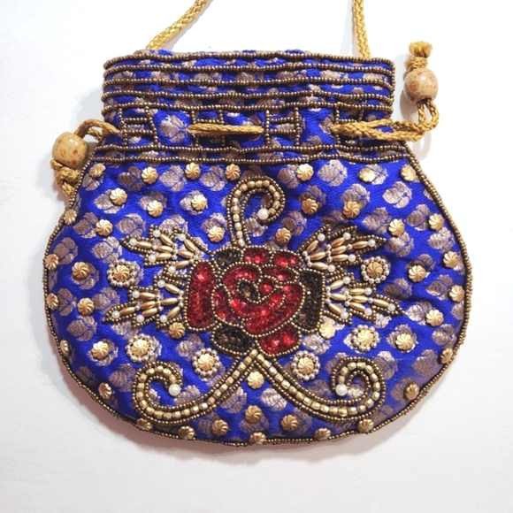 Bags | Blue Gold Satin Pearl Bead And Sequined Cinch Top Indian Potli ...